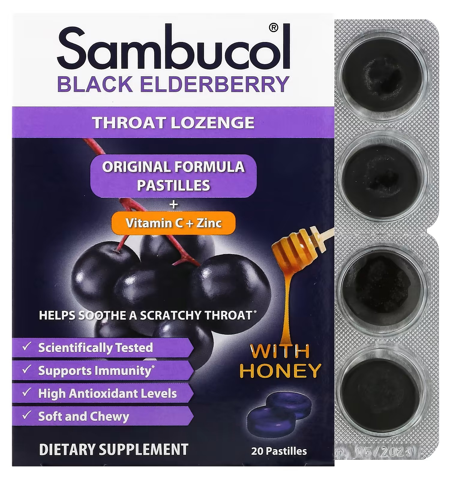 БАД Sambucol Black Elderberry Throat Lozenge with Honey, 20 пастилок ...