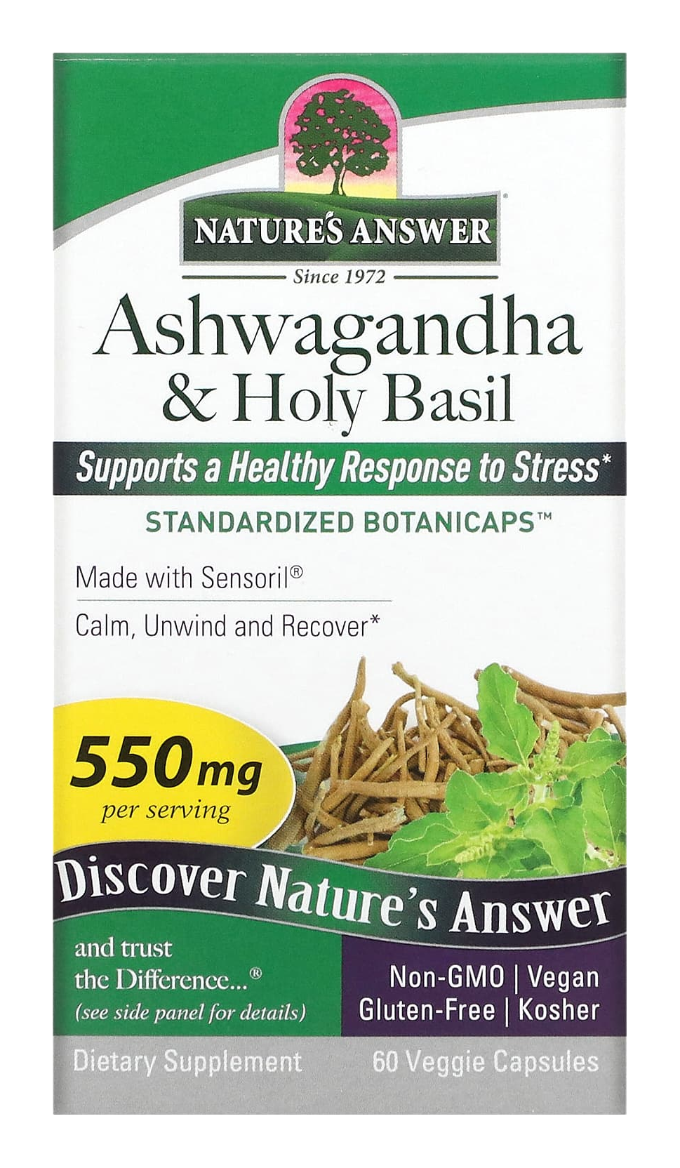 Комплекс Nature's Answer Ashwagandha & Holy Basil, 550 мг, 60 веганских ...